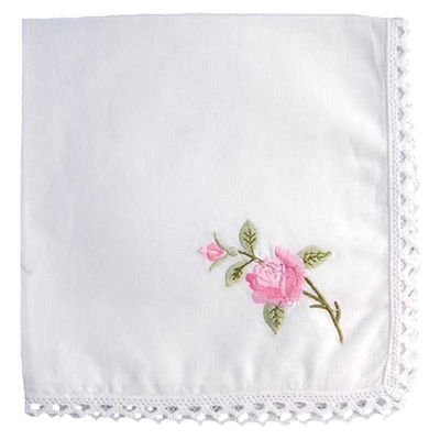 Pink Rose Embroidered Cotton Handkerchiefs - Lace Trim | The French Shoppe